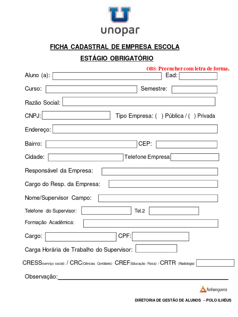 Ficha Cadastral Empresa - Estágio Obrigatório | PDF