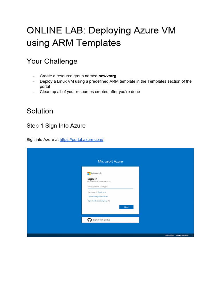 ONLINE LAB: Deploying Azure VM Using ARM Templates: Your Challenge | PDF