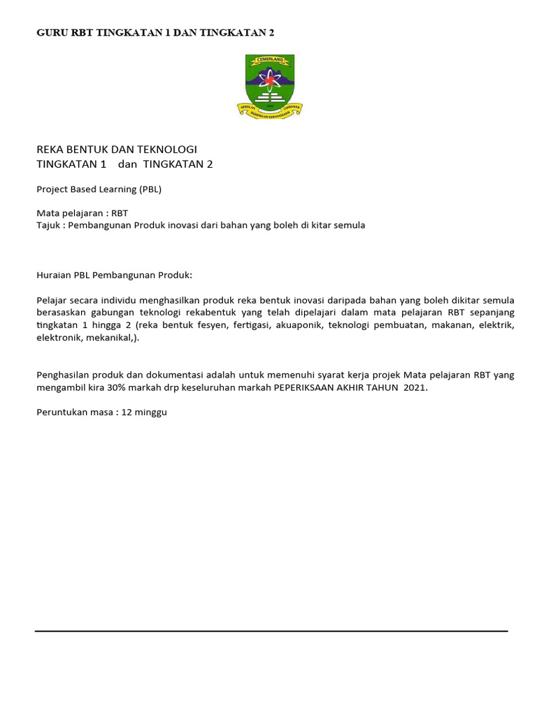 Panduan PBL RBT Ting 1 Dan 2 2021 | PDF