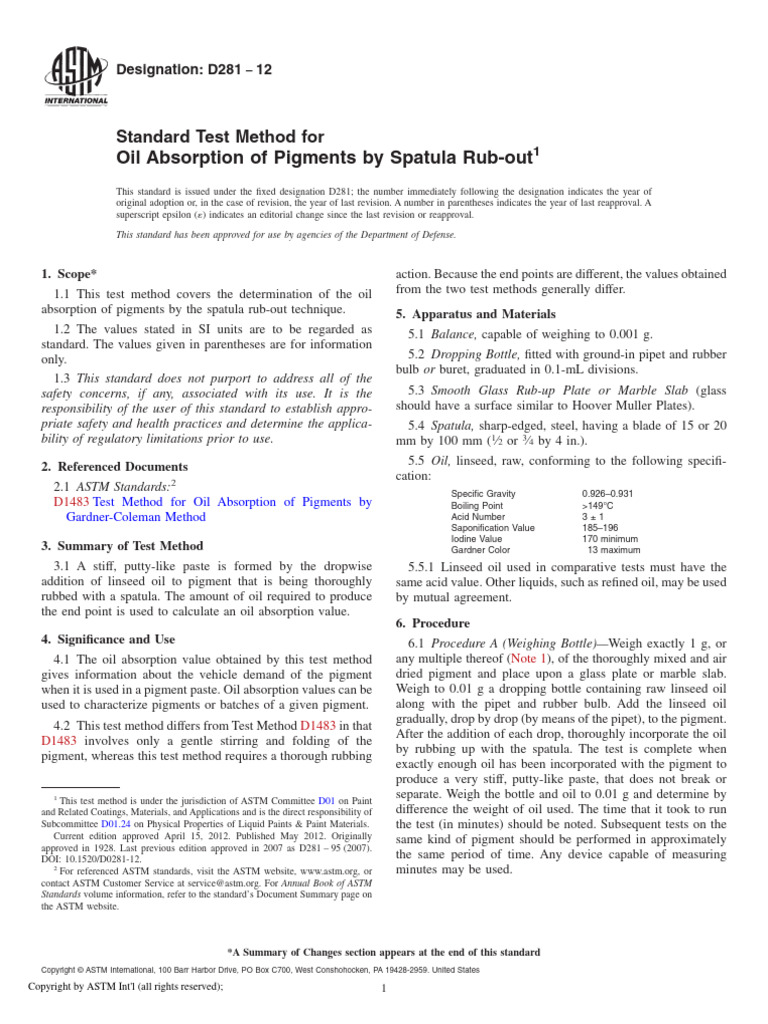 Oil Absorption of Pigments by Spatula Rub-Out: Standard Test Method For ...