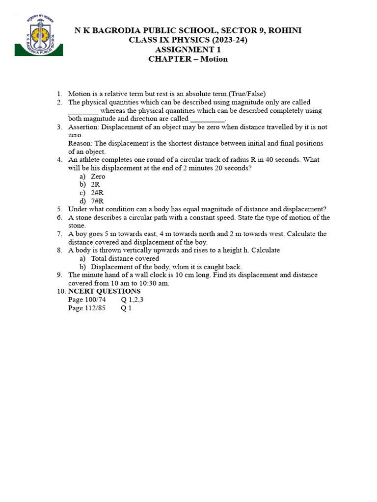 Assignment 1 Physics 2023-24 | PDF
