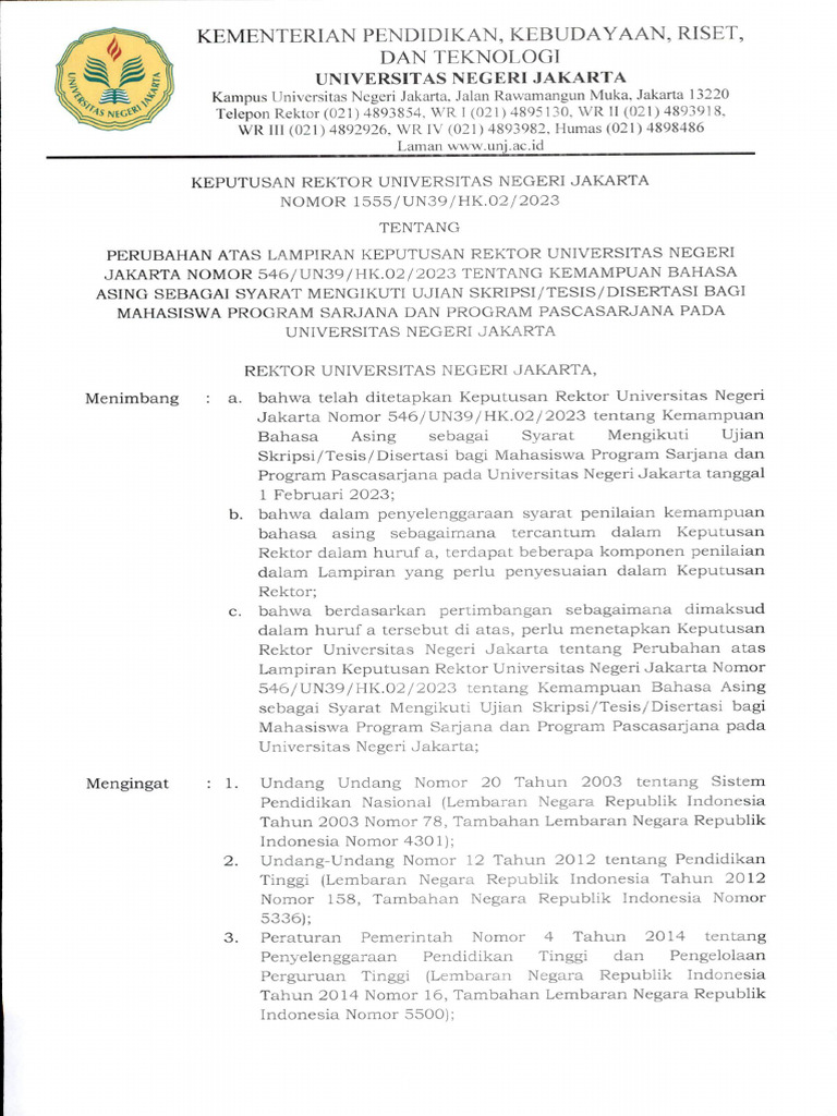 Keputusan Rektor-SK REKTOR NO 1555 UN39 HK02 2023 TENTANG PERUBAHAN NO ...