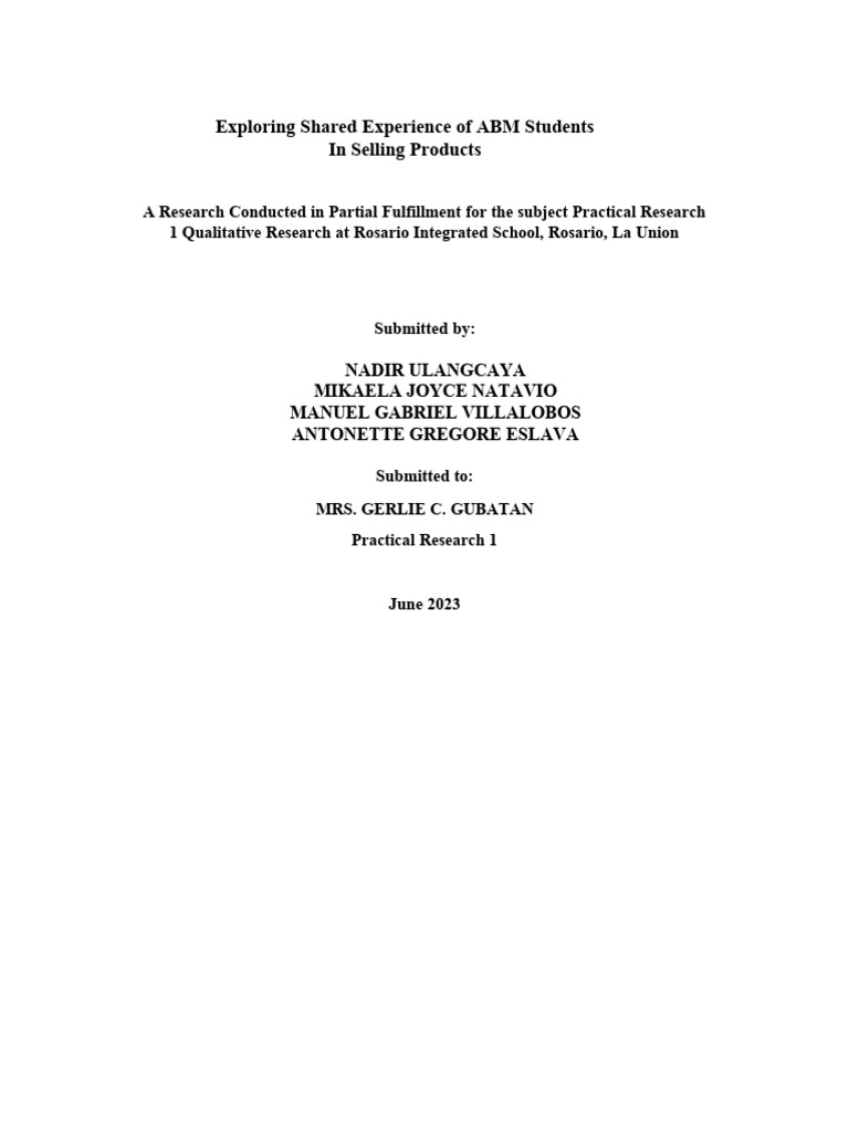 Exploring The Shared Experience of ABM Students in Selling Products ...