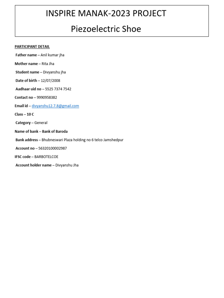 INSPIRE MANAK 2023 Piezoelectric Project | PDF