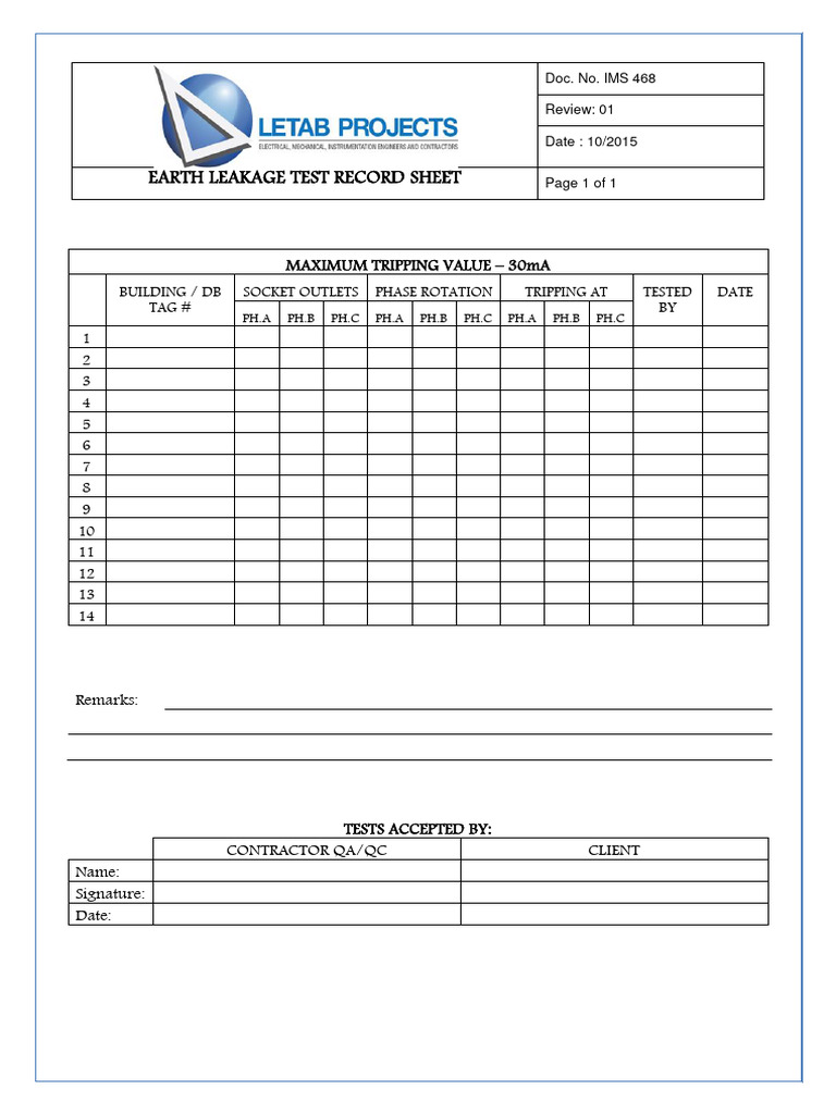 IMS 468-QTR - Earth Leakage Test Record Sheet Rev01 | PDF