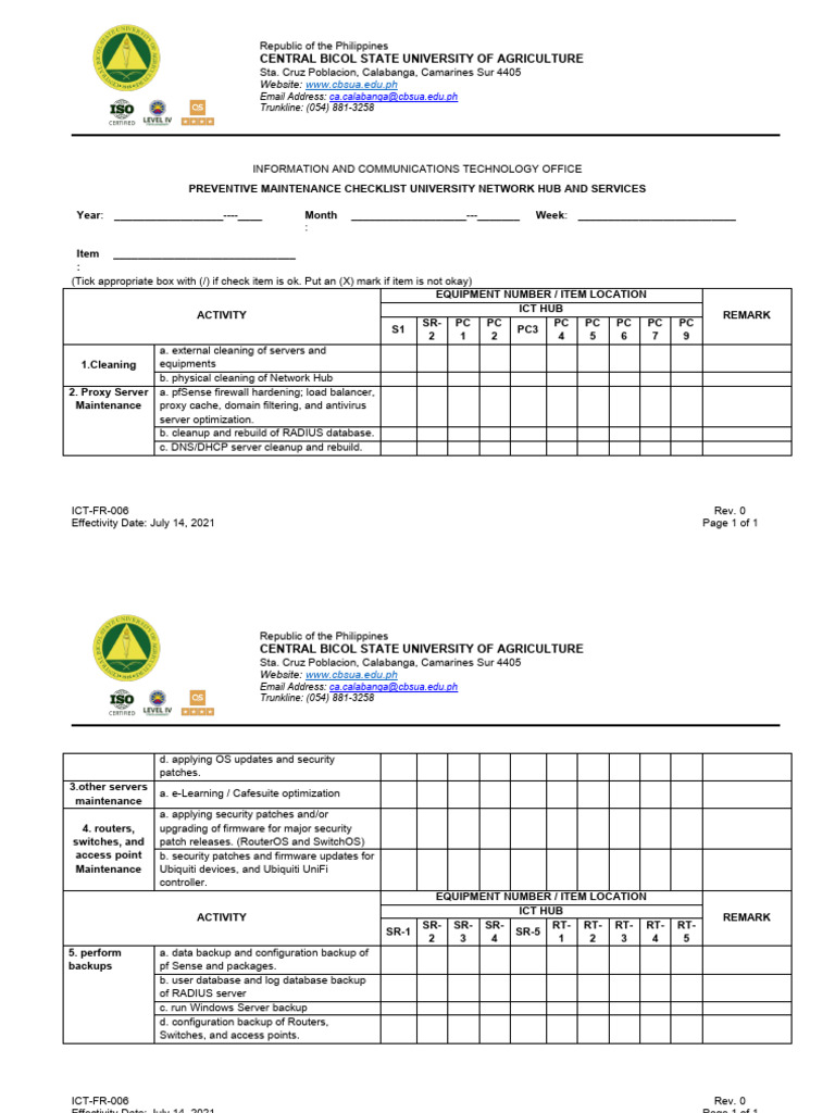 6.preventive Maintenance Checklist University Network Hub and Services ...