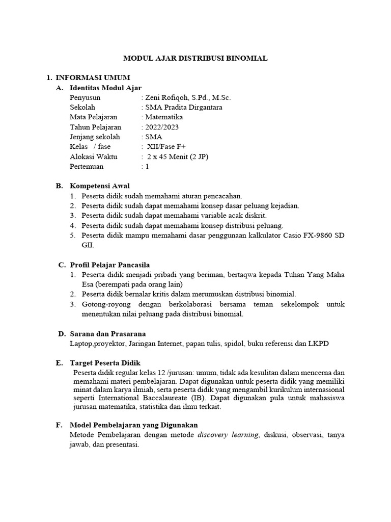 Modul Ajar Distribusi Binomial Kelas 12 | PDF
