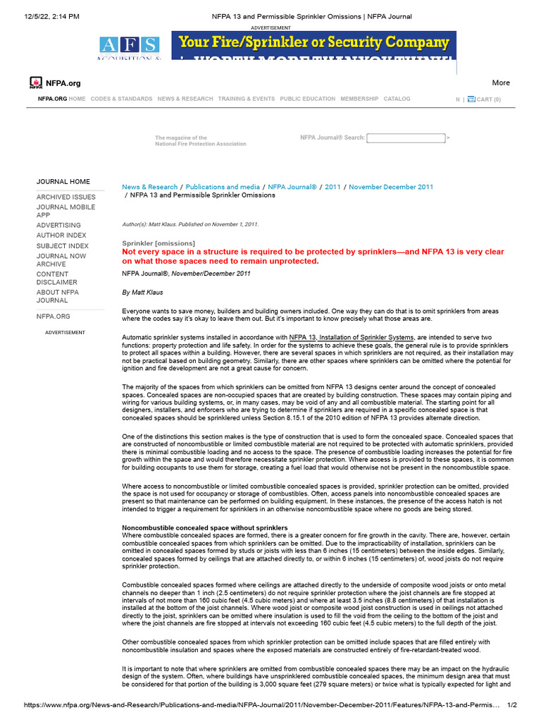 NFPA 13 and Permissible Sprinkler Omissions - NFPA Journal | PDF | Fire ...