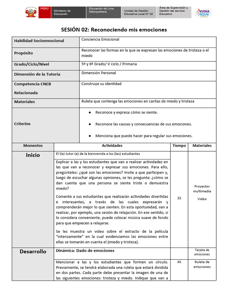 Actividad Reconosco Mis Emociones Ugel 02 Pdf Las Emociones Perú