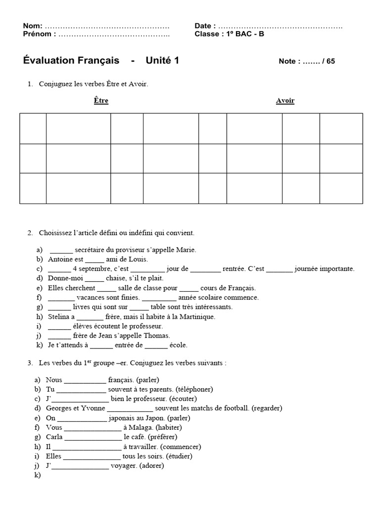 Évaluation de Français 1º BAC - Unité 1 | PDF