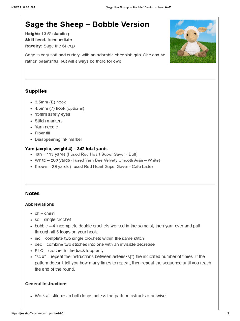 Sage The Sheep - Bobble Version - Jess Huff | PDF | Crochet | Yarn