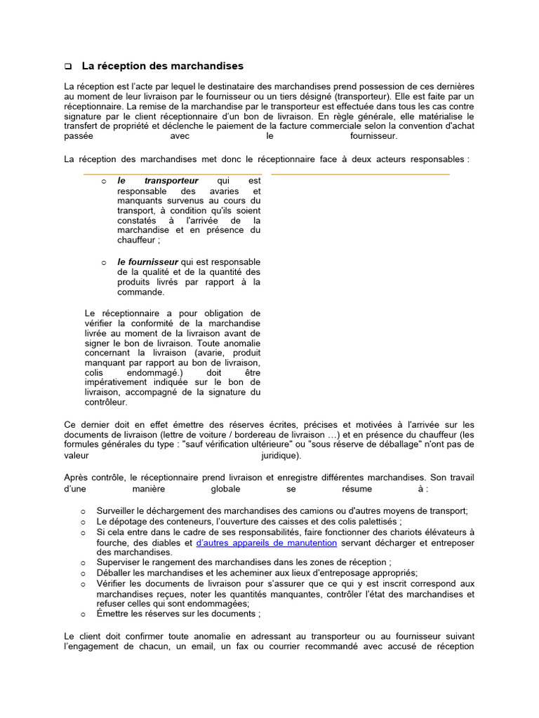 La Réception Des Marchandises | PDF | Transport