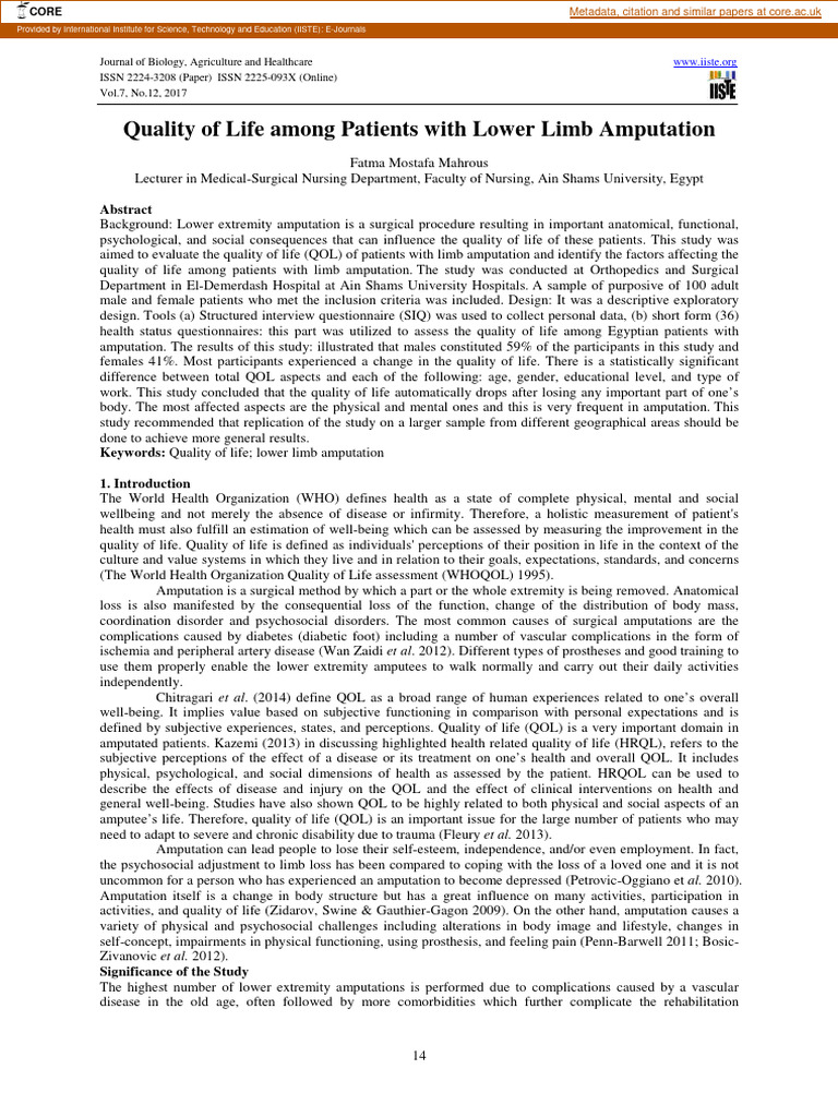 Quality of Life Among Patients With Lower Limb Amputation | PDF