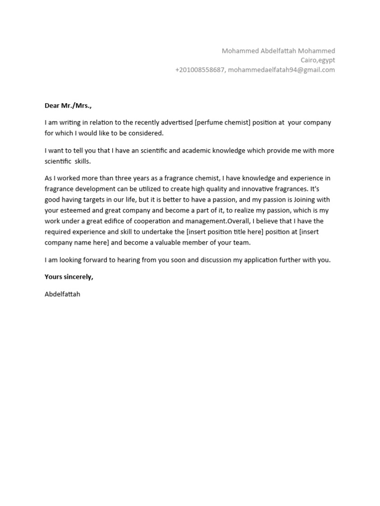 Application for Perfume Chemist Position | PDF | Business
