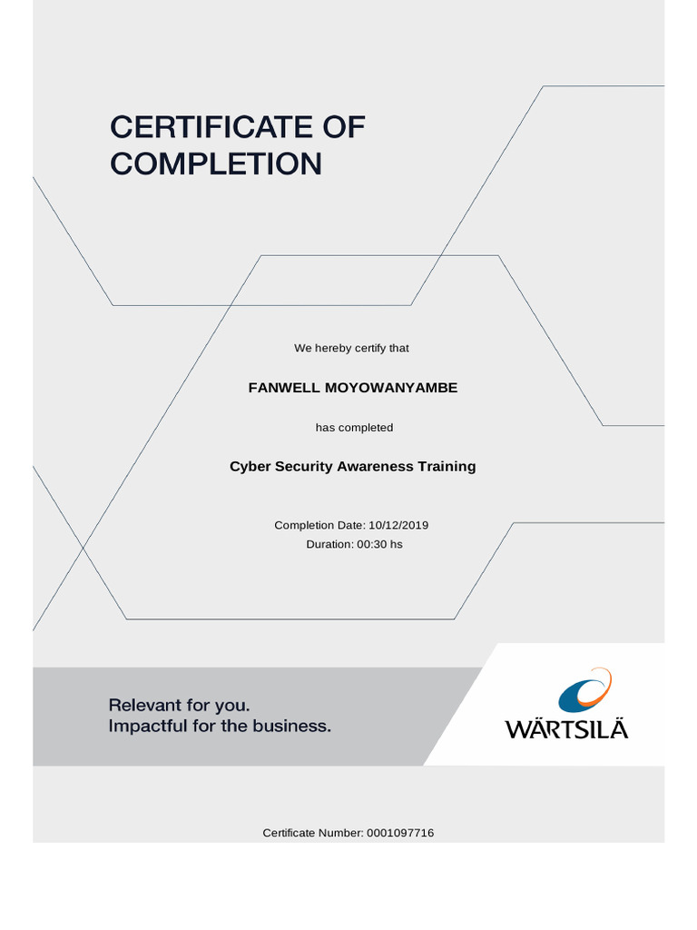Cyber Security Awareness Training Certificate | PDF