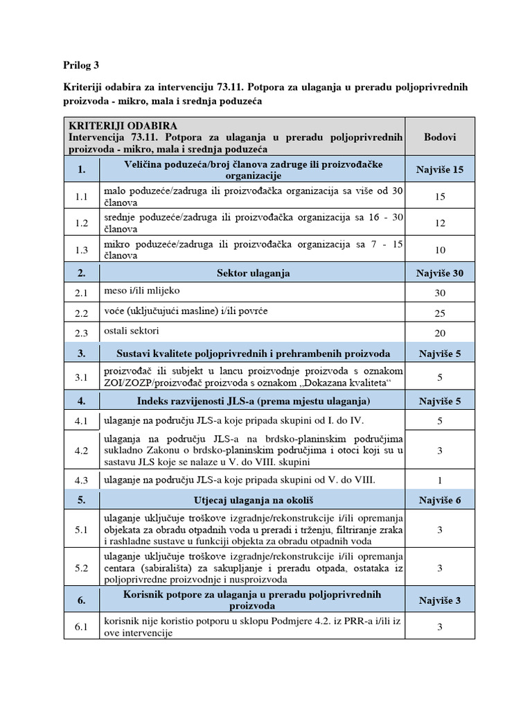 Prilog 3 - Kriteriji Odabira Za Intervenciju 73.11. | PDF