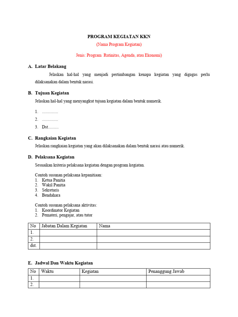 Template Rancangan Setiap Program Kegiatan KKN | PDF