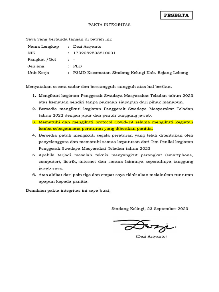 Pakta Integritas Peserta PSM Teladan 2023 - Dezi Ariyanto | PDF