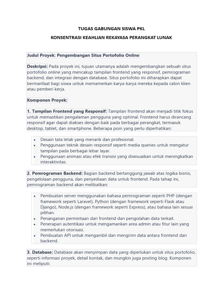 Tugas Siswa Kelas Xii PKL - Konsentrasi Keahlian RPL | PDF
