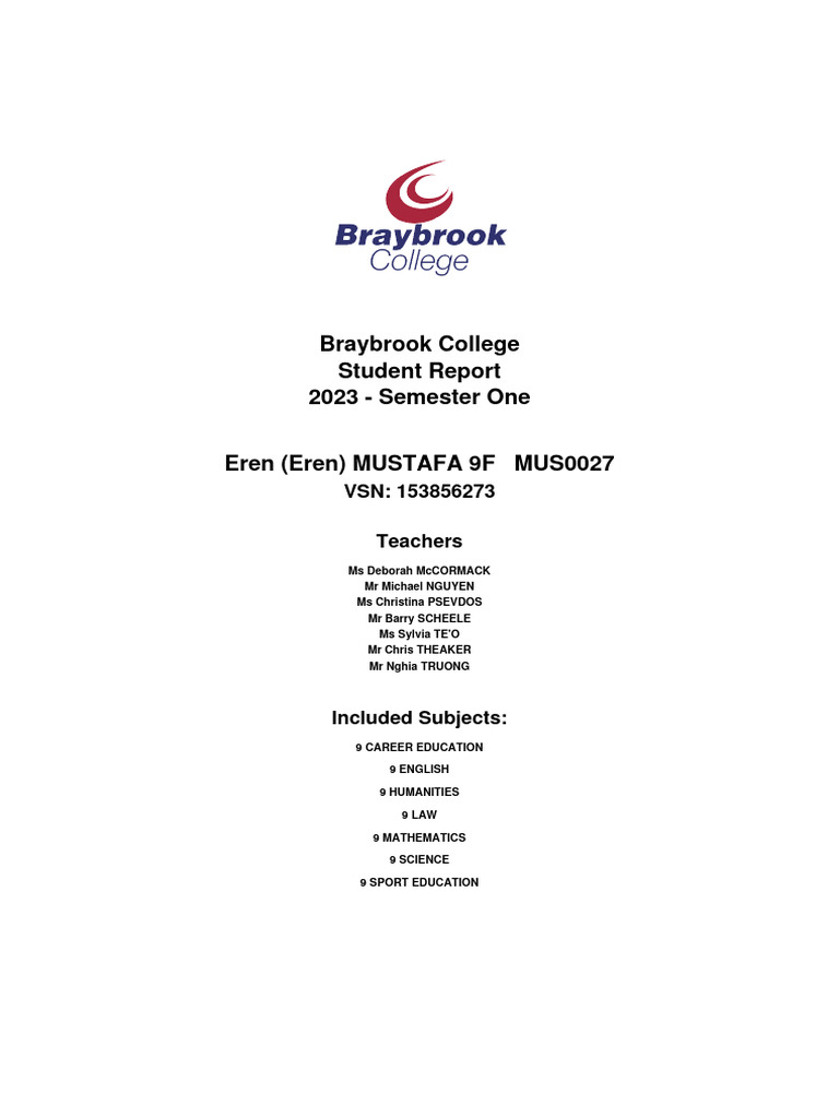 Braybrook College Student Report 2023 - Semester One | PDF ...