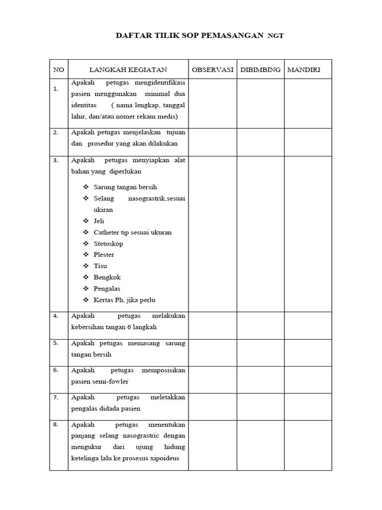 DAFTAR TILIK SOP PEMASANGAN NGT | PDF