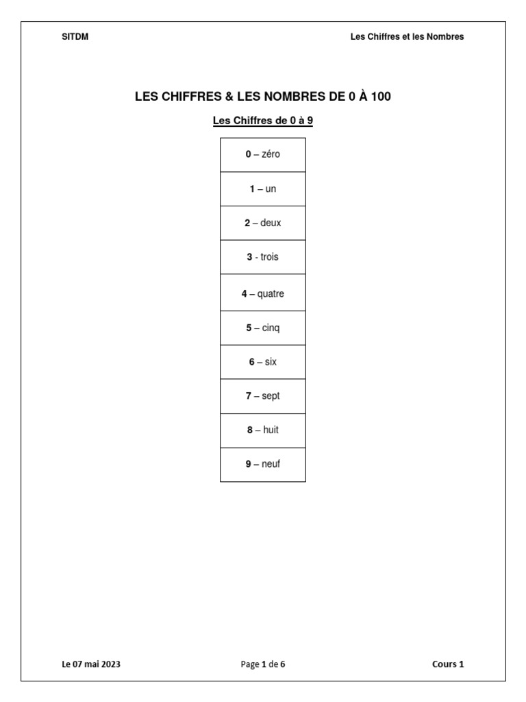Les Nombres de 0 A 100 - Cours Et Exercices | PDF