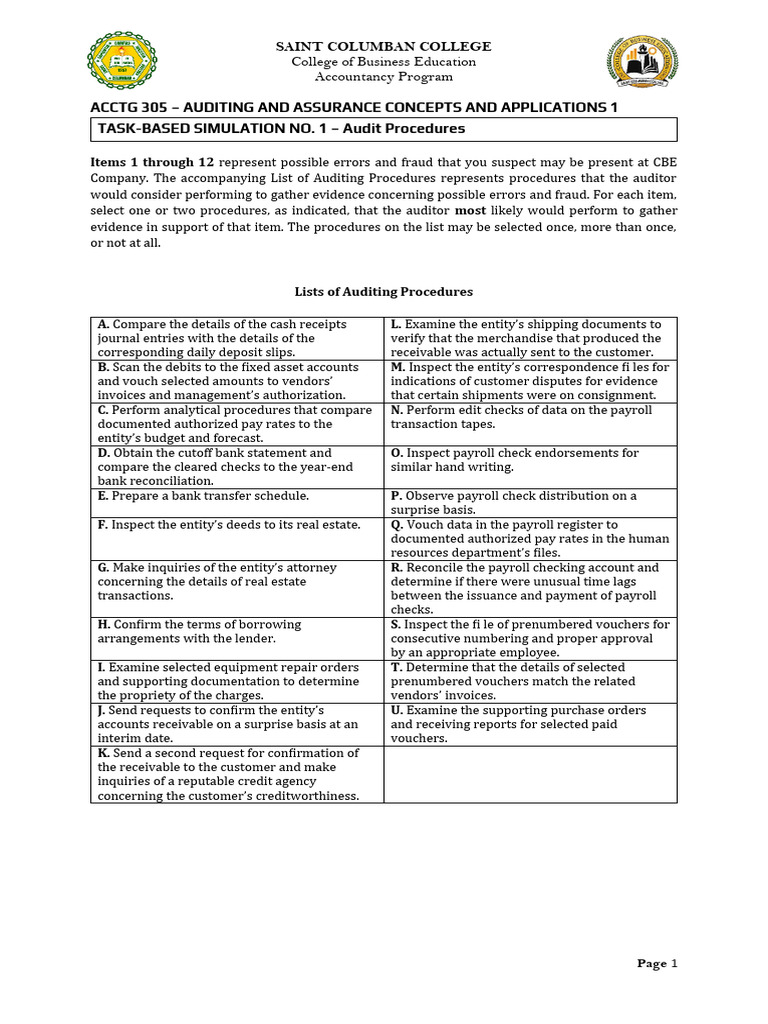 Task-Based Simulation 1 - Audit Procedures | PDF