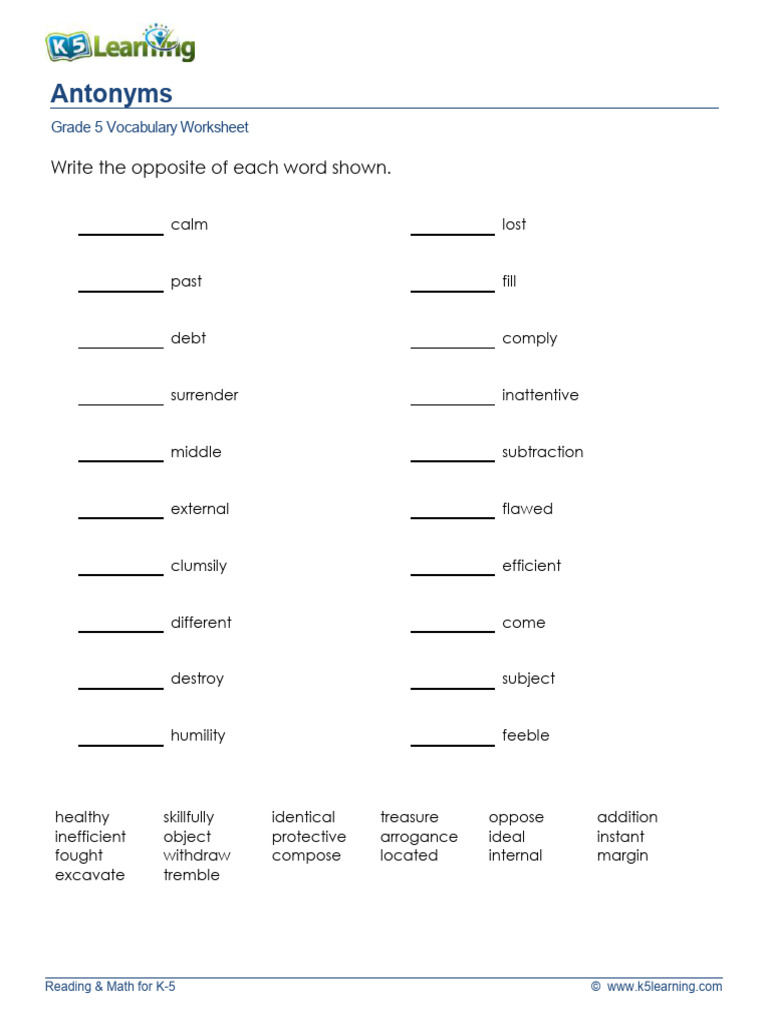 5th Grade Antonyms 1 | PDF