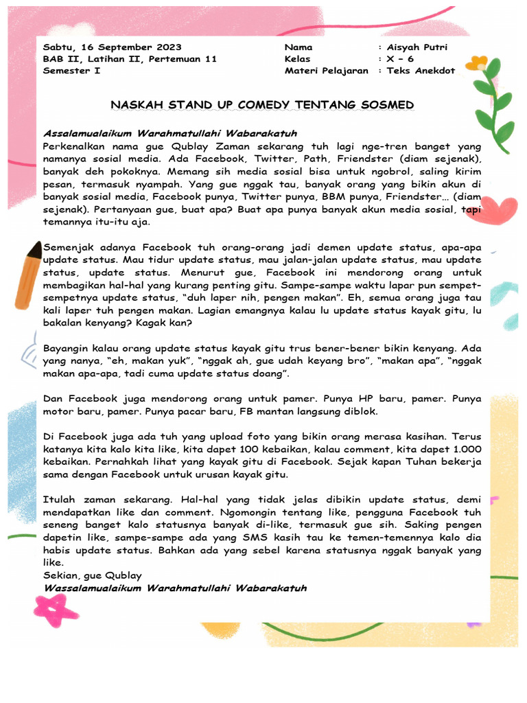 Naskah Stand Up Comedy Tentang Sosmed | PDF