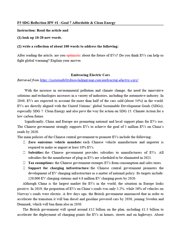 SDG Goal 7 Article For Reflection | PDF | Electric Vehicle | Electric Car