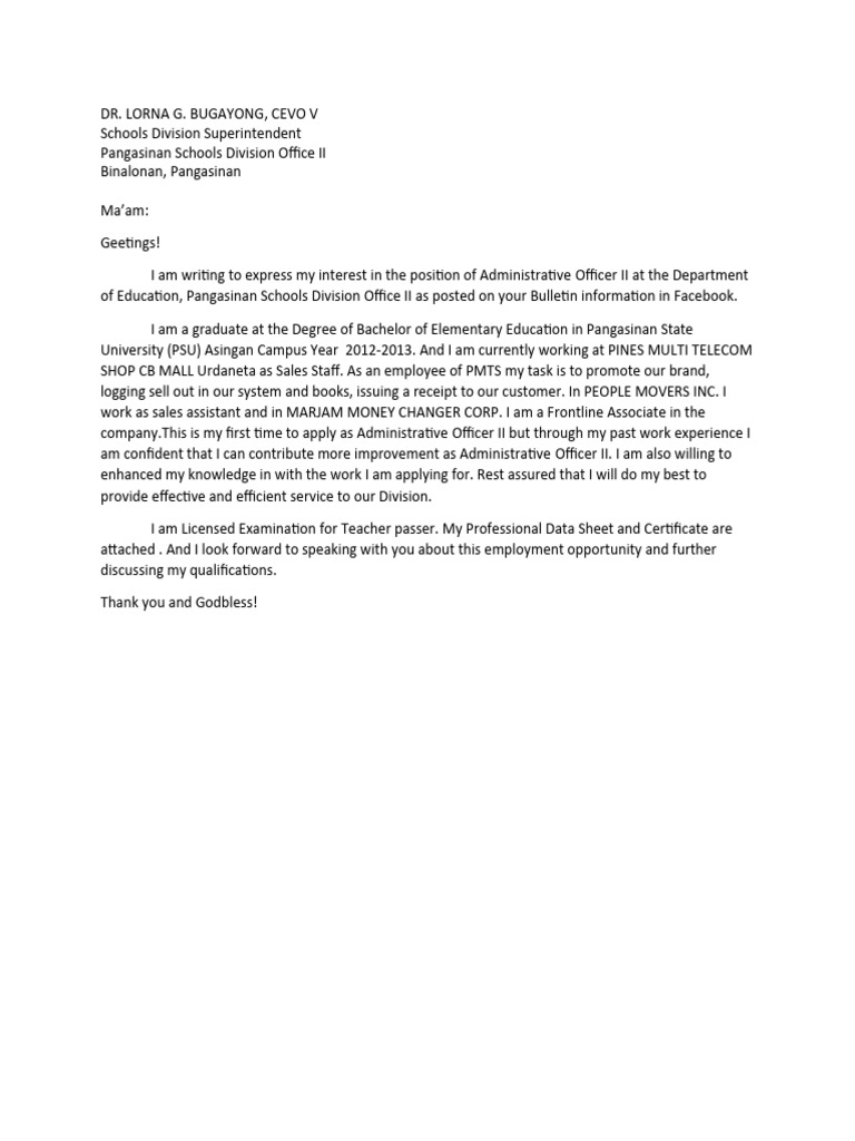 Letter of Intent for AO II Position | PDF | Career & Growth | Social ...