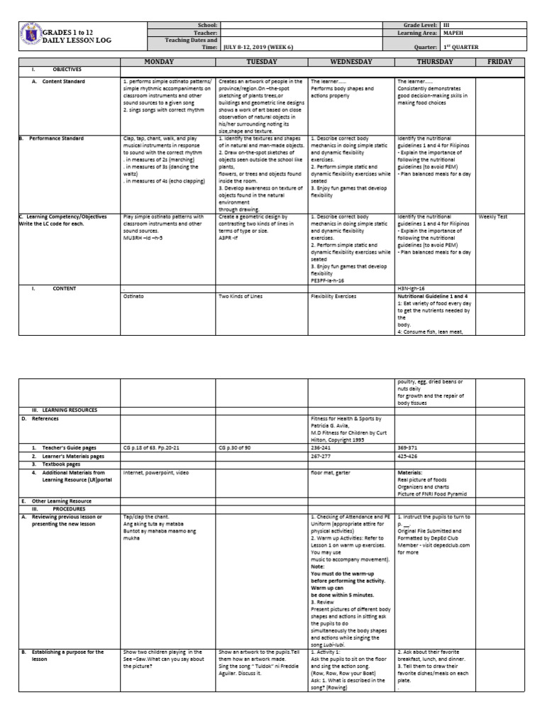 DLL - Mapeh 3 - Q1 - W6 | PDF DLL - Mapeh 3 - Q1 - W6 | PDF