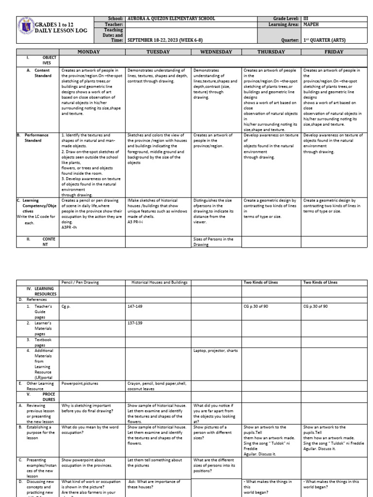 Dll Mapeh 3 Q1 Arts W6 8 Pdf Rubric Academic Cognition