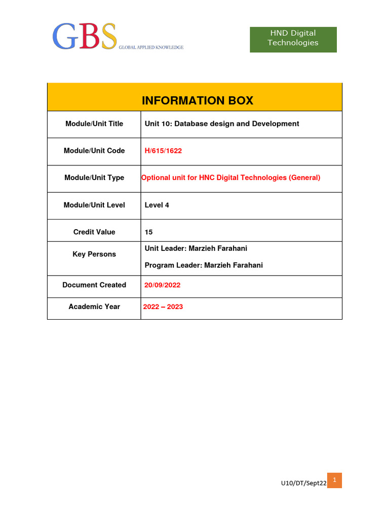 Unit 10 Database Design Development - HandBook | PDF | Educational ...