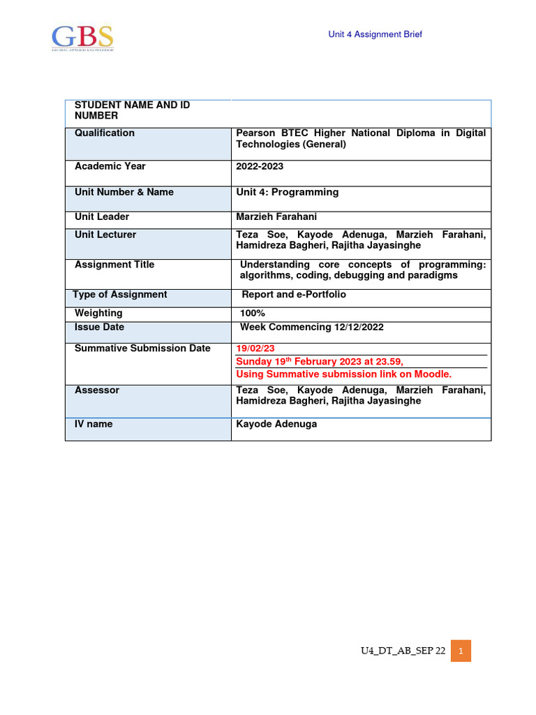 U4_DT_AssignmentBrief_Sep22 | PDF | Computer Programming | Plagiarism