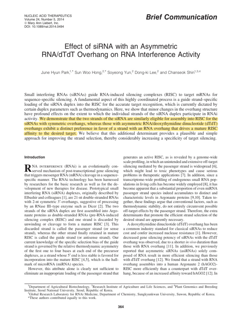 siRNA with Asymmetric Overhangs | PDF | Small Interfering Rna | Rna ...