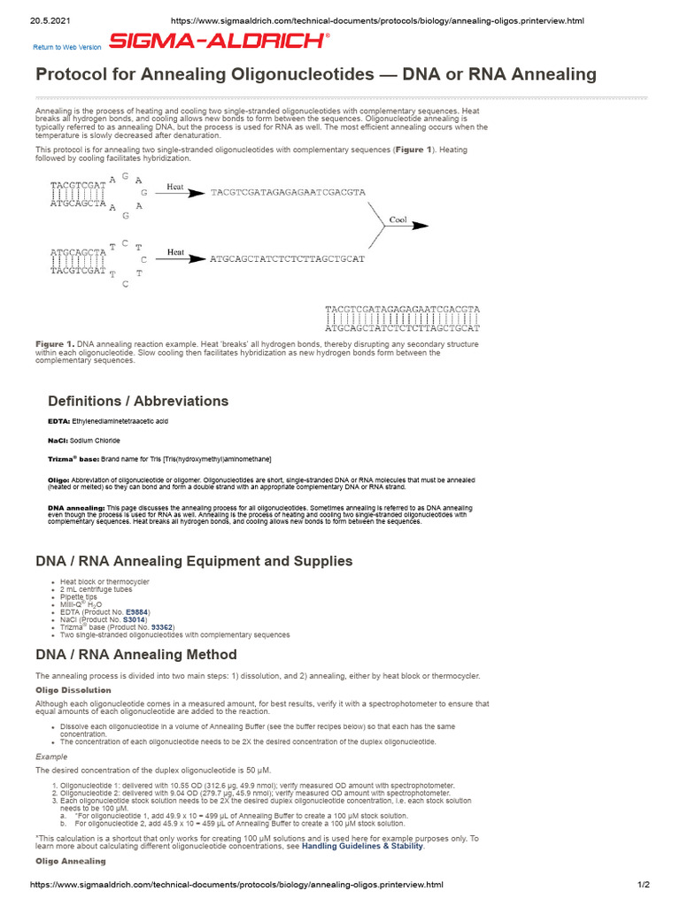 Annealing Oligos - Sigma Aldrich | PDF | Nucleic Acid Thermodynamics | Dna