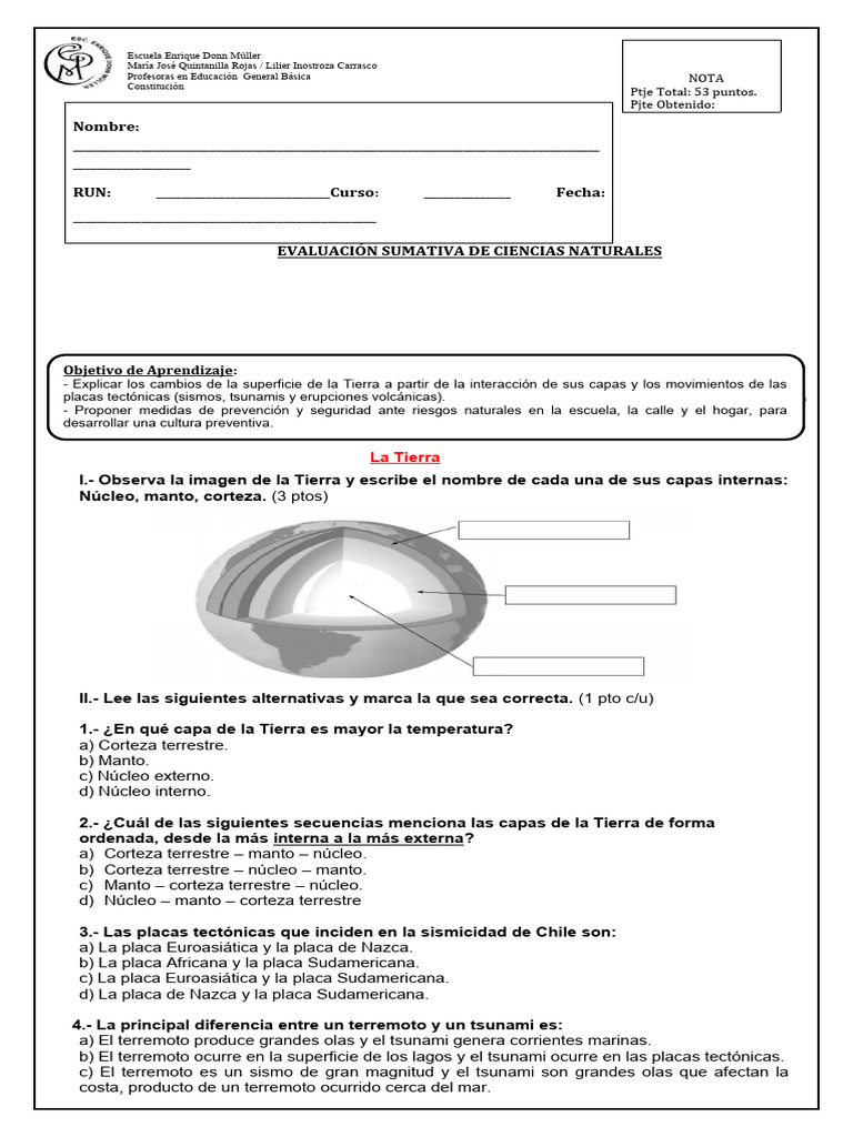 4° Básico Evaluación de Ciencias Capas de La Tierra | PDF | Tsunami | Temblores