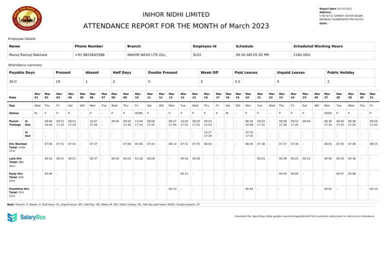 March 2023 Biometric Attendance Report | PDF