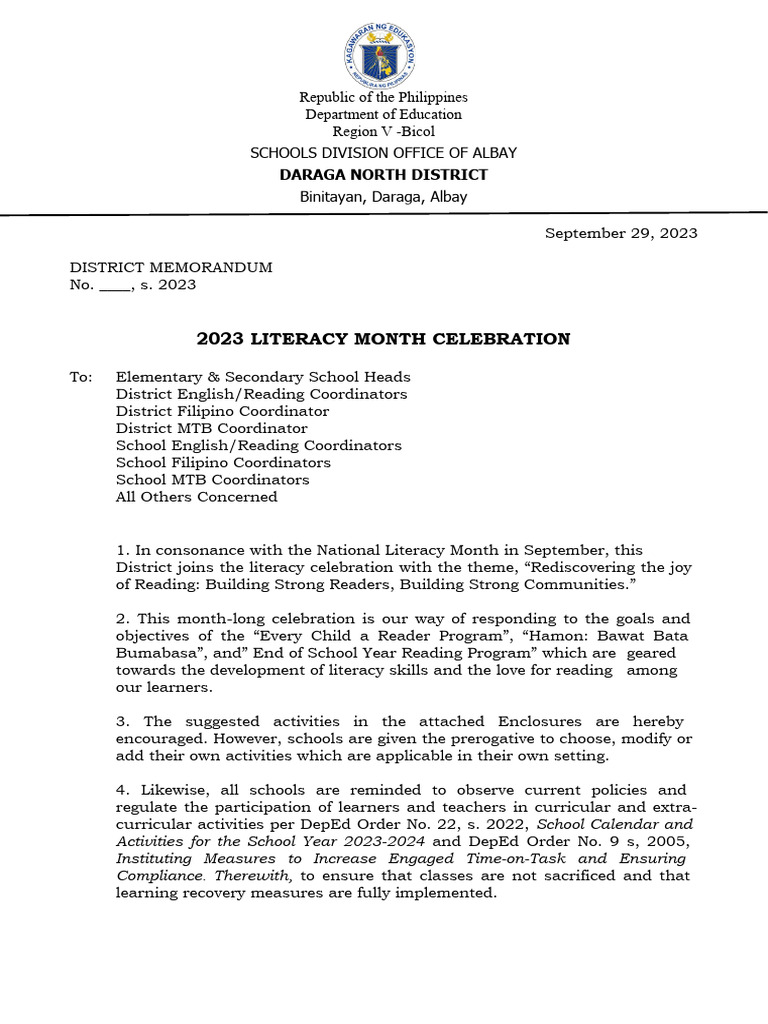 2023 Literacy Month Celebration Guide | PDF | Language Arts ...