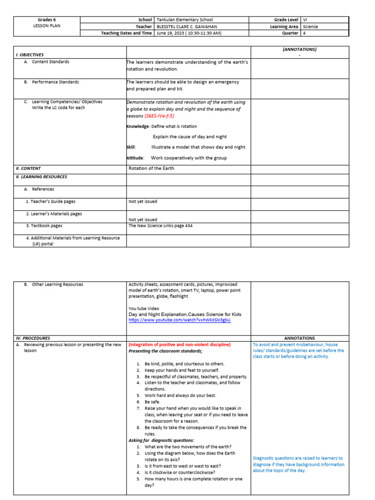 Cot - DLP - Science 6 - Earth's Rotation by Master Teacher Eva M. Corvera | PDF | Teachers ...