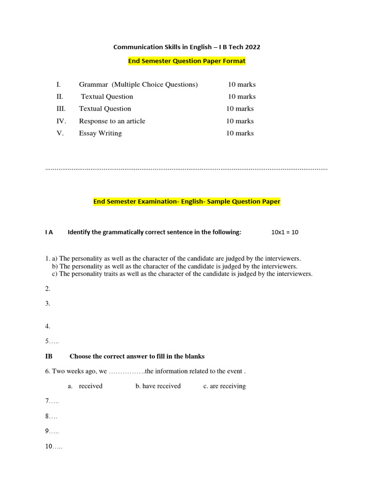 End Sem Qp Format And Sample Qp Communication Skills In English Pdf