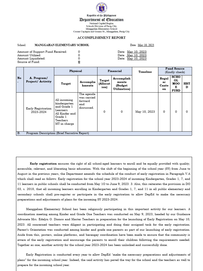 Early Registration Accomplishment 2023 | PDF