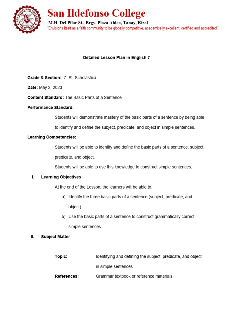 Detailed Lesson Plan in English 7 | PDF | Subject (Grammar) | Predicate ...