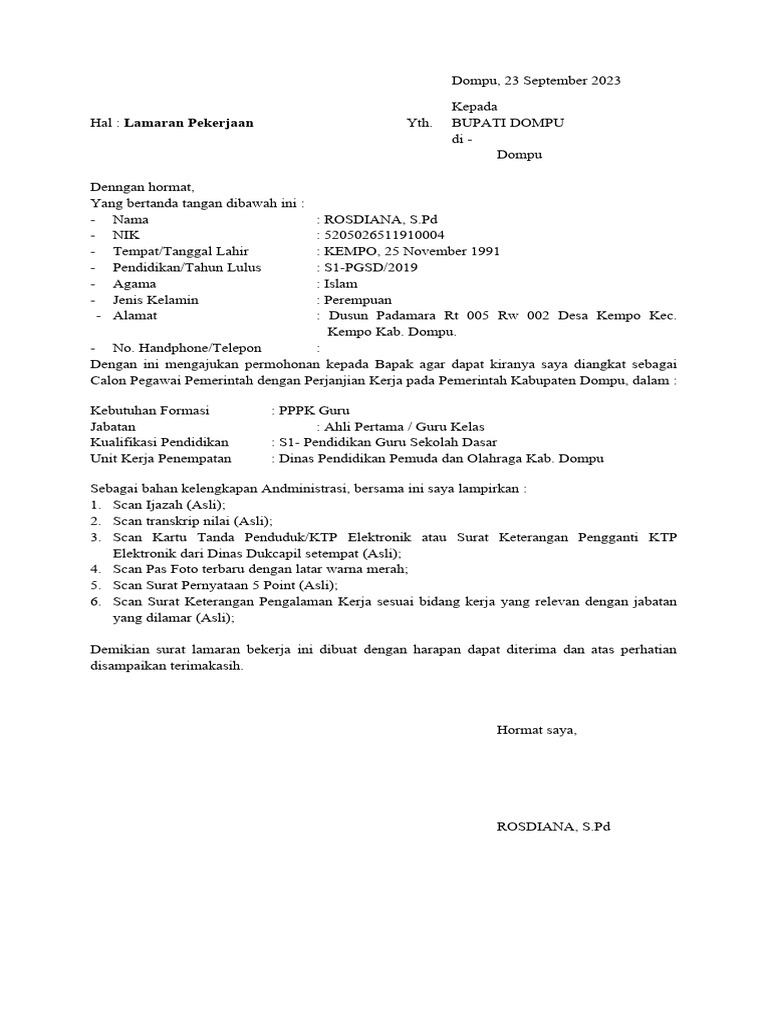 Surat Lamaran PPPK 2023 | PDF