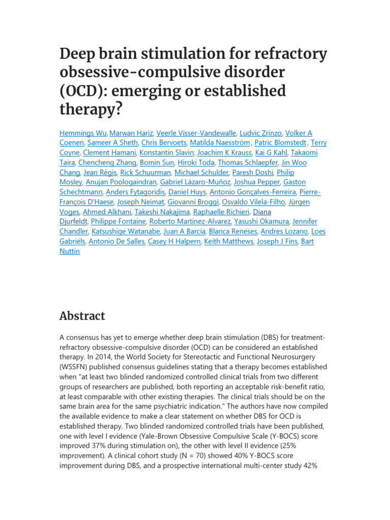 Deep Brain Stimulation For Refractory Obsessive Compulsive Disorder Ocd Emerging Or