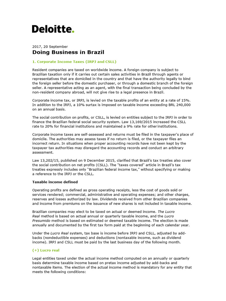 Doing Business Brazil Deloitte Corporate Taxation Indirect Taxes | PDF ...