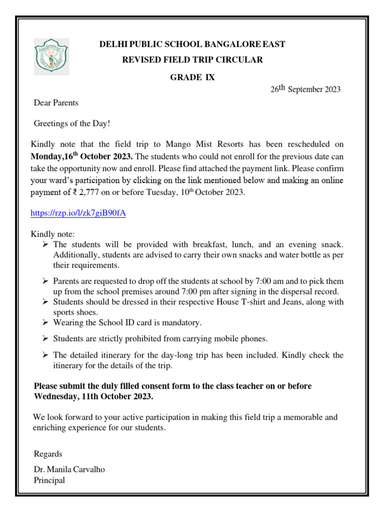 Grade IX - Revised Field Trip Circular | PDF