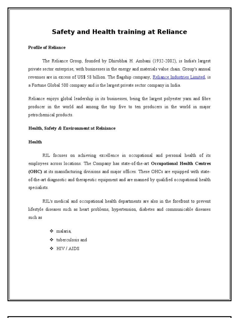 Safety and Health Training at Reliance | Safety | Environmental Policy