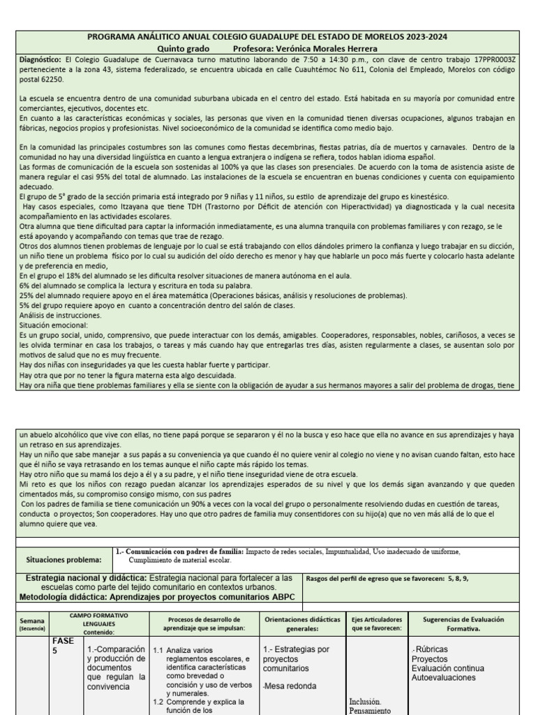 Programa Analitico Quinto Grado Nuevo | PDF